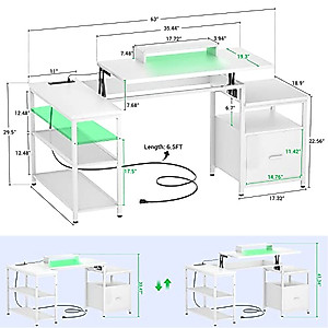 Aheaplus L Shaped Desk with Power Outlet, Standing Home Office Desk with Lift Top and File Drawer, 63'' Corner Computer Desk with Monitor Stand&Printer Shelves, Gaming Desk with Led Lights, White