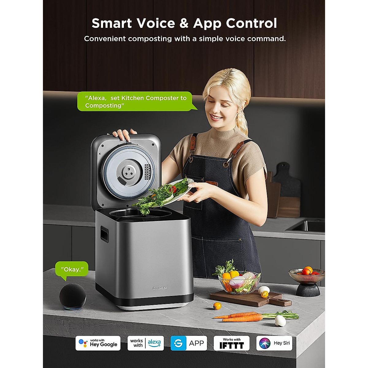 GoveeLife Smart Electric Composter for Kitchen, 3L Compost Bin Indoor with App & Voice Control, Auto-Cleaning, 3 Modes, Turn Food Waste to Fertilizer for Garden, Food Waste Compost Machine