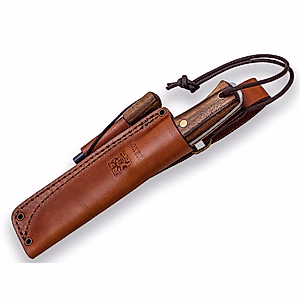 Joker Hunting Knife Ember F, CN123-P, 4.13 inches Blade, Walnut Wood Handle, Leather Sheath with Fire Starter, Sandvik Steel 14C28N, Tool for Fishing, Hunting, Camping and Hiking