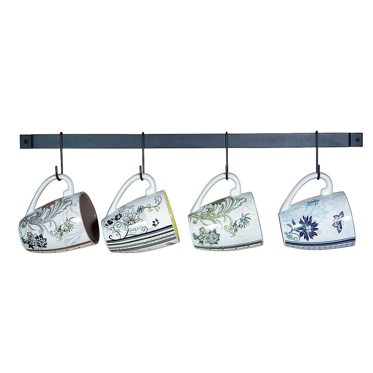 Wall-Mounted Utensil Rack Hanger – Black, 17" x 1" - Rustic Iron Kitchen Organizer with Ten 3.5" Hanging Hooks - Coffee Mug Rail - Pot and Pan Holder - Organizing Rod for Cookware - Claimed Corner