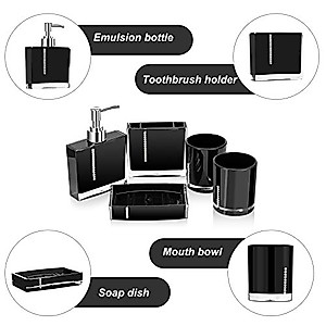 5 Pcs Bathroom Accessories Set, Bathroom Soap Dispenser Set Contain Emulsion Bottle, Tooth Brush Holder, Soap Dish, 2pcs Gargle Cup (Black)