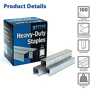 5,000 Count Heavy Duty Staples, 23/13, 1/2-inch Staples, 100/Strip, Chisel Point Tips, High Capacity, by Better Office Products