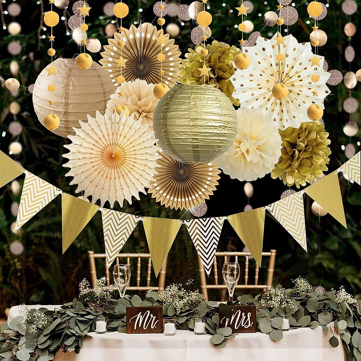 Gold Party Decorations Hanging Paper Fans Paper Lanterns Pom Poms Flower Pennant Banner for Rustic Wedding Neutral Baby Shower Bachelorette Graduation Birthday New Year Party Decoration