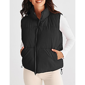 MEROKEETY Women's Quilted Puffer Vest Lightweight Stand-up Collar Soild Color Warm Outewear, Black, X-Large