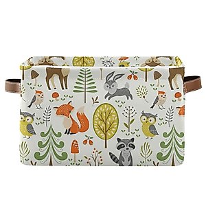 Foldable Storage Basket, Cube Organizer Bins Cute Woodland Animals Trees Mushrooms and Berries Cube Bag Dual Handles for Closet Shelf
