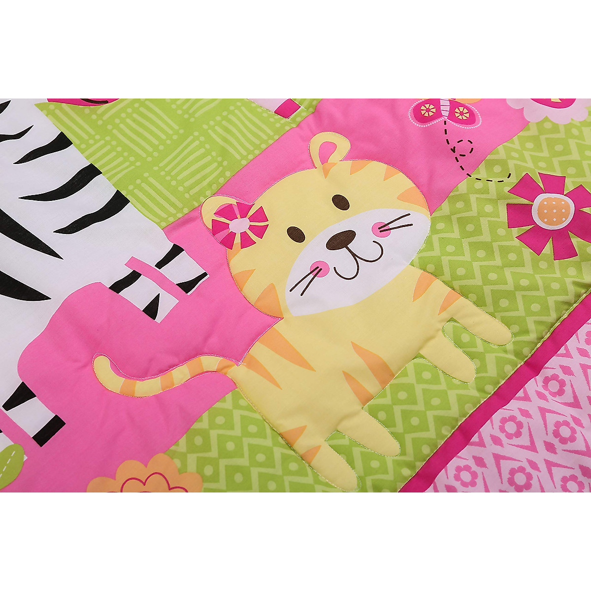 4 PCs Pink Animal Safari Nursery Crib Bedding Set 1 Quilt 1 Fitted Sheet 1 Skirt 1 Diaper Storage Bag