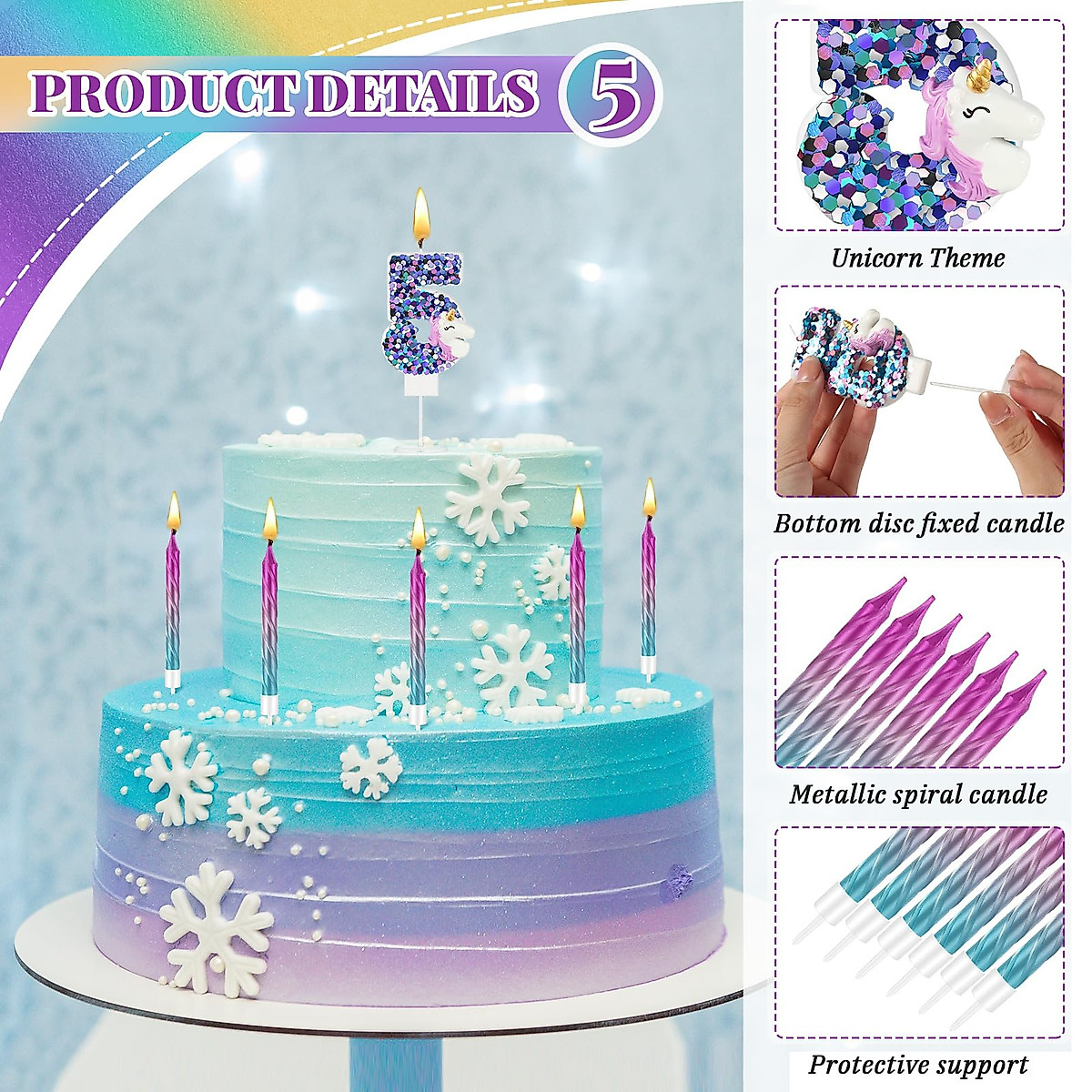 MTLEE Unicorn Birthday Candle Glitter Number Candle Unicorn Cupcake Toppers with 12 Pcs Numeral Rainbow Spiral Candle Purple Birthday Cake Candles for Baby Girl Boy Birthday Unicorn Party (Number 5)
