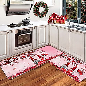 ROTORS Valentine's Day Pink Love and Gnomes Kitchen Rug Set 2 Piece, Cushioned Anti-Fatigue Kitchen Floor Mats Waterproof Easy to Clean, Comfort Standing Kitchen Mat Set with Non-Slip Latex