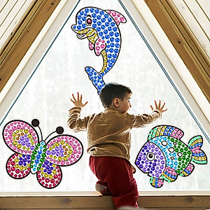Yazhiji 6 Sheets Diamond Window Art Craft Kits for Kids, Suncatcher Kit for Ages 6 7 8 9 10 Flower Sun Dolphin DIY Painting Kit for Girls or Boys Ages 6+ Gemstone Sticker as Christmas Party Decor