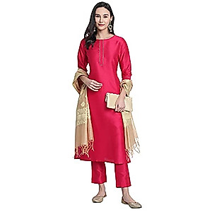 Janasya Women's Pink Poly Silk Kurta with Pant and Dupatta