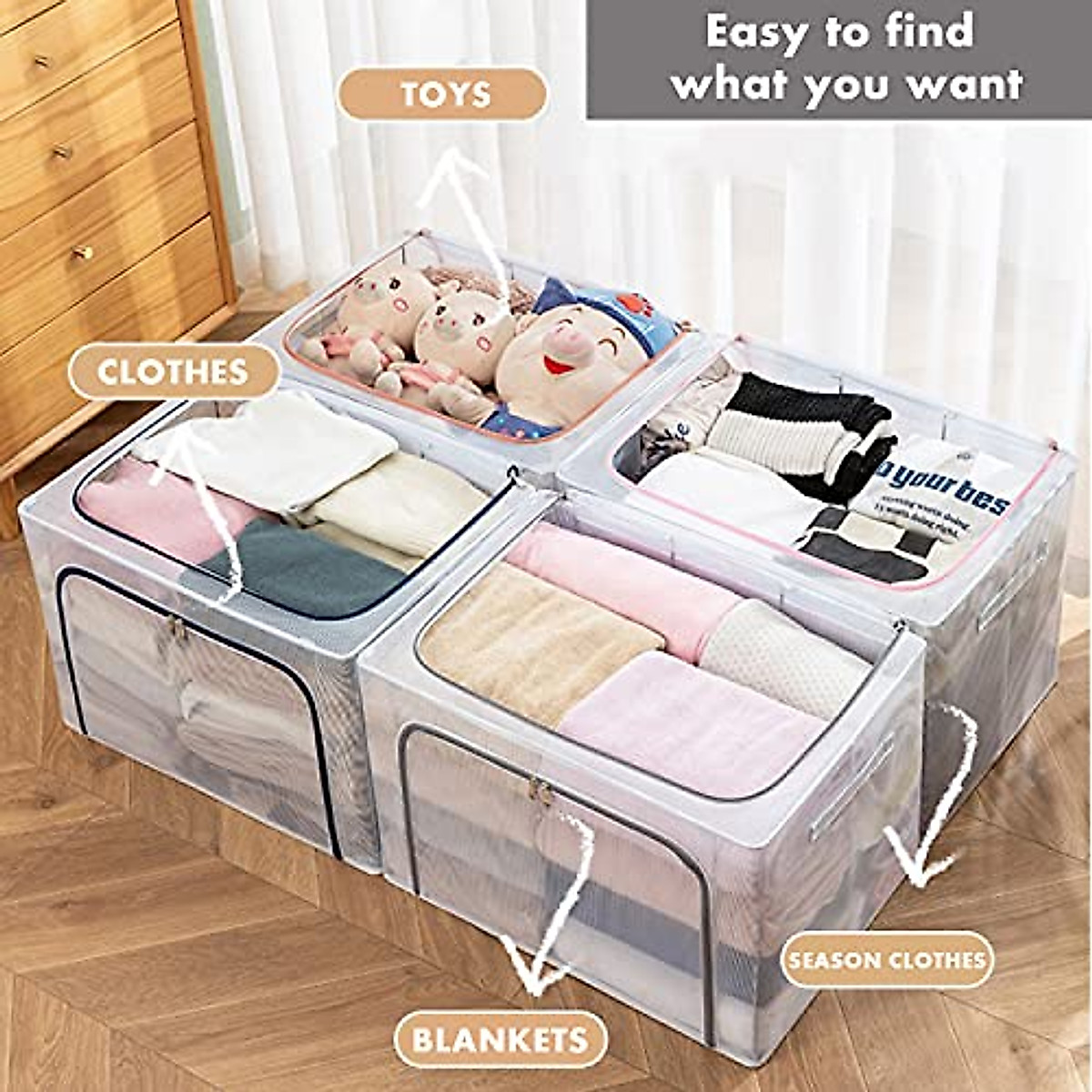 byg 70L Waterproof Transparent Storage Bins Stackable Foldable Steel Frame storage Boxes for Comforters Bedding Blankets Clothing Pillows Decorations Pack of 2