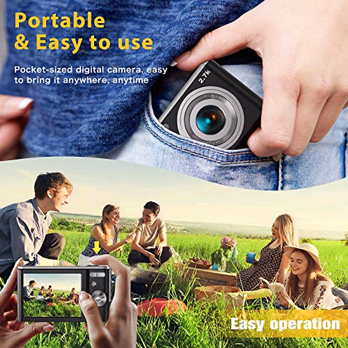Digital Camera, Lecran FHD 2.7K 44.0 Mega Pixels Vlogging Camera with 16X Digital Zoom, 2.88" IPS Screen, Compact Portable Mini Cameras for Students, Teens, Kids (Black)