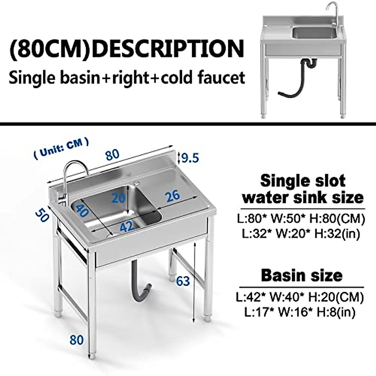Outdoor utility commercial sink,Stainless Steel garage sink,kitchen sink with faucet,Industrial station sink,1 Compartment laundry & utility room sinks,Pet Wash Station,for Patio Restaurant. (Size :