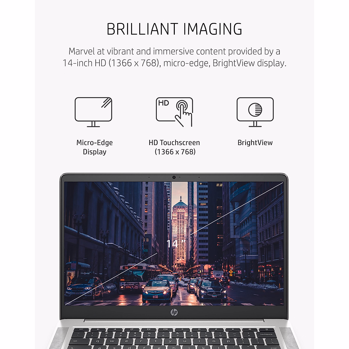 HP Chromebook 14 Laptop, Intel Celeron Processor, 4 GB RAM, 32 GB eMMC, 14” HD (1366 x 768) Touchscreen, Chrome OS, Webcam & Dual Mics, Work, Entertainment, Long Battery Life (14a-na0130nr, 2021)