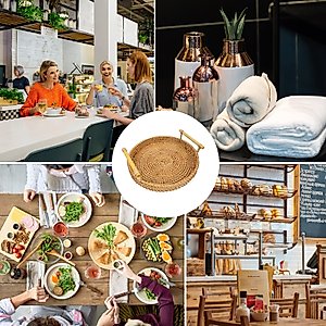Round Rattan Coffee Table Tray with Handles - Woven Basket Food Decorative Tray ，Handmade Rattan Serving Tray with Handles ，Adorable Natural Bamboo Tray for Ottoman Coffee Table (Small/8.7 inch)