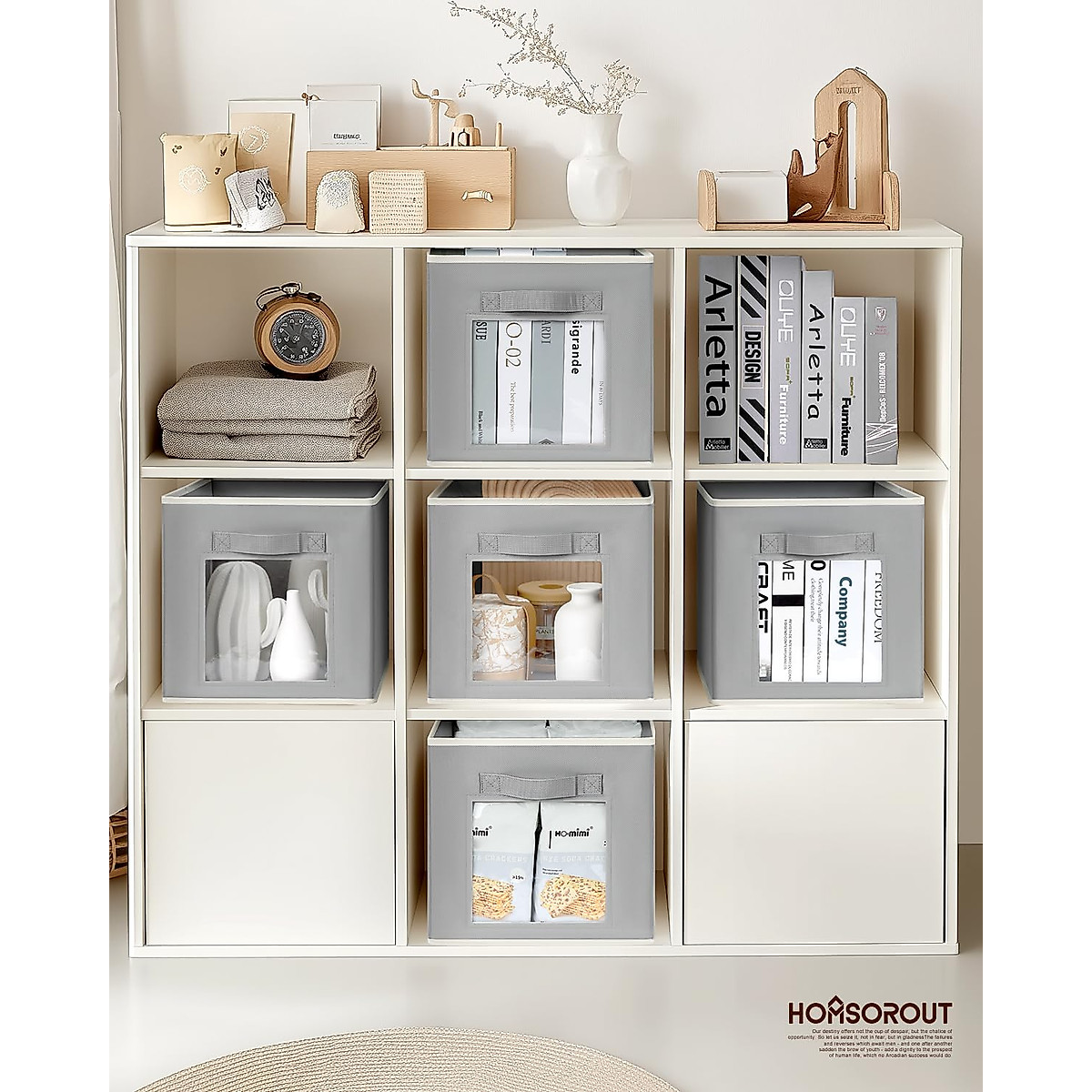 Homsorout Storage Cube 11 Inch - Cube Storage Bins with Window, Closet Storage Baskets with Handle, Fabric Bins for Closet, Shelves, Toys, Clothes, Set of 6, Grey