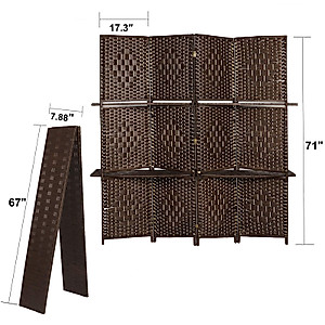 4 Panels Room Screen Divider Hand-Woven Design Room Divider 6 Ft High Fiber Freestanding Privacy with Wooden Removable Storage Shelves Screen Suitable for Living Room and Study, Brown