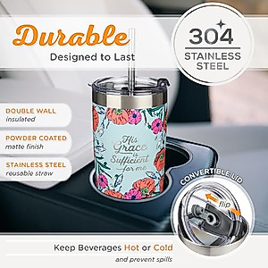 Christian Art Gifts Stainless Steel Double-Wall Vacuum Insulated Tumbler w/Straw & Lid 18 oz Teal Floral Inspirational Bible Verse Travel Mug for Women - His Grace is Sufficient - 2 Cor. 12:9