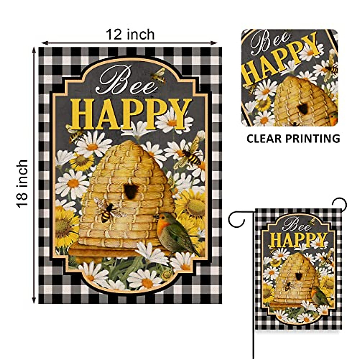 Covido Home Decorative Bee Happy Spring Garden Flag, Daisy Flowers Bird House Yard Buffalo Plaid Check Hive Sunflower Honeycomb Outside Decoration, Summer Farmhouse Outdoor Small Burlap Decor 12 x 18