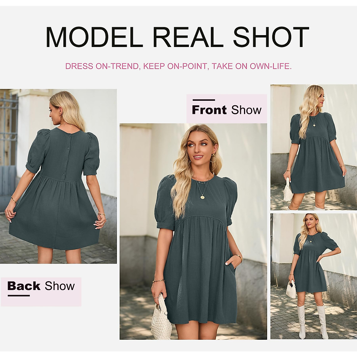 Dokotoo Womens Ladies Summer Sun Dress Spring Tunic Dress Round Neck Lantern Short Sleeve High Waist Pocketed Mini Short Shift Dress for Party Gray X-Large