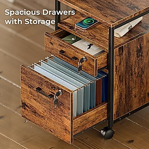 SUPERJARE File Cabinet with Lock & Charging Station, 2 Drawers Rolling Filing Cabinet, Office File Cabinet with Wheels & Open Shelf, for Home Office, A4/Letter Size Files - Rustic Brown