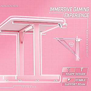 Vitesse Pink 40 Inch Cute Kawaii Computer Gaming Table T Shaped Girl Gamer Workstation Home Office Desk with Carbon Fiber Surface and Headphone Hook