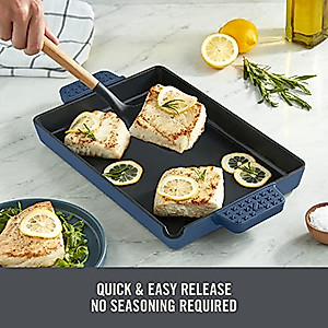 DASH Zakarian by Dash 9"x13" Nonstick Cast Iron Pan with Pour Spout and Removable Silicone Grips for Searing, Baking, Broiling, Grilling and more - Blue