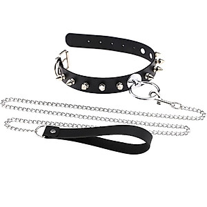 DAMSIL Punk Rivets Choker PU Leather Hauling Chain Collar Metal Ring Gothic Necklace NightClub Neck Accessories Adjustable Buckle (Black)