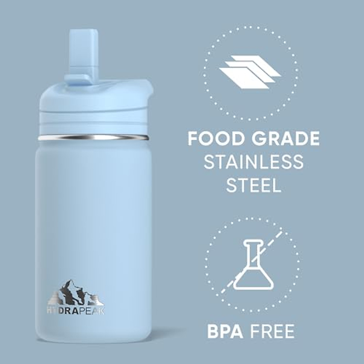 Hydrapeak Mini 14oz Water Bottle with Straw Lid, Stainless Steel Double Wall Insulated Water Bottle | Leak-Proof and Spill-Proof Water Bottle, 24 Hours Cold (Cloud)