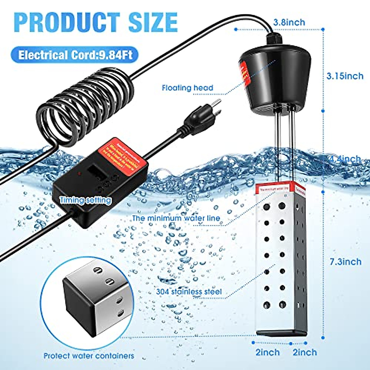Immersion Bucket Pool Heater, 1500W 10Ft Portable Electric Submersible Water Heater with Timer and Digital LCD Thermometer, Floating Hot Tub Warmer Heater for Inflatable Pool Bathtub