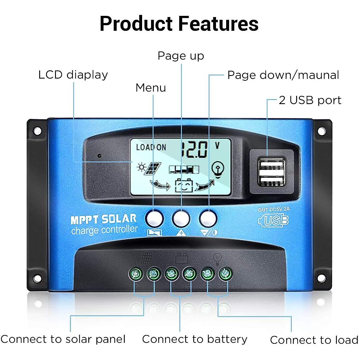MPPT Solar Charge Controller 100 Amp,Solar Panel Regulator 12V/24V Dual USB Port Solar Panel Charger Intelligent Regulator(100A,12V/24V)