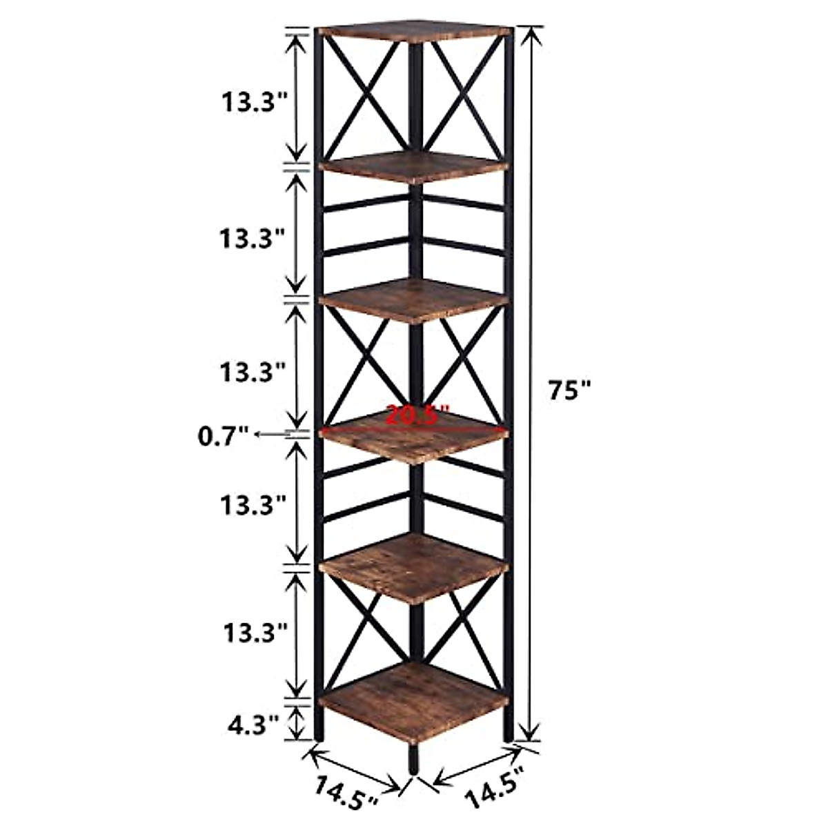 HOMISSUE 6 Tier Industrial Corner Shelf Unit, Tall Bookcase Storage Display Rack for Home Office, Rustic Brown