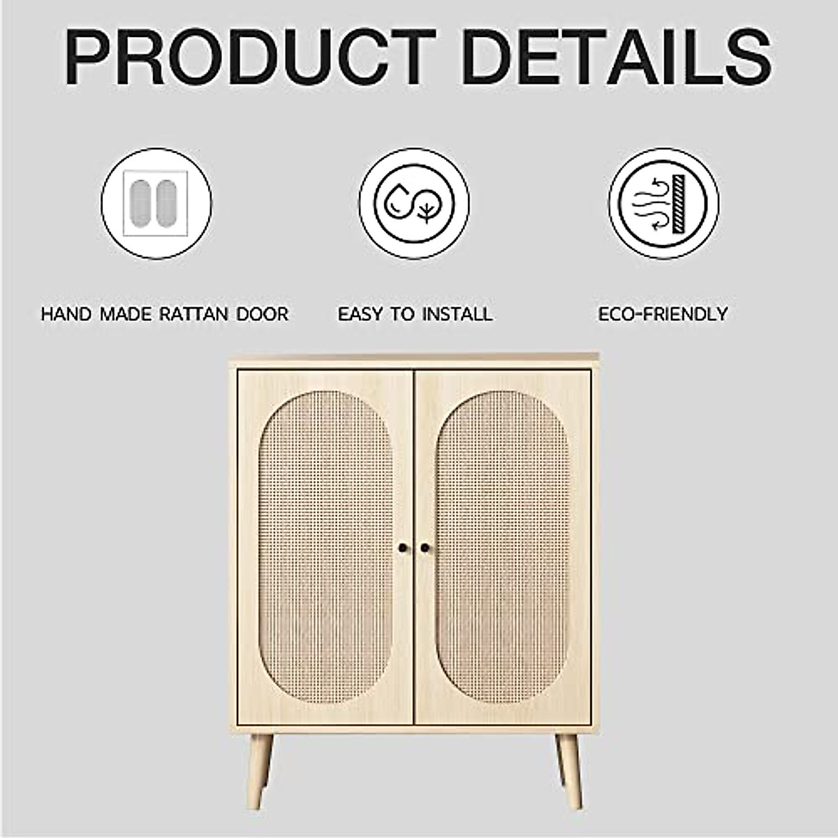 QHITTY Rattan Sideboard Buffet Cabinet, Accent Kitchen Storage Cabinet Console Table with Adjustable Shelves for Living Room, Dining Room, Bedroom (Natural)