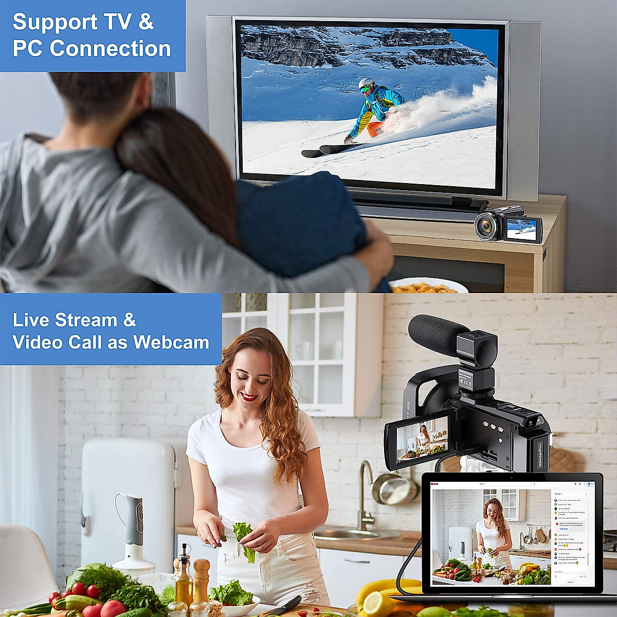VAFOTON 4K Video Camera Camcorder with Microphone, 48MP Vlogging Camera for YouTube 16X Zoom 3.0" Touch Screen IR Night Vision Wi-Fi Vlog Cameras Webcam with Handheld Stabilizer Remote Control
