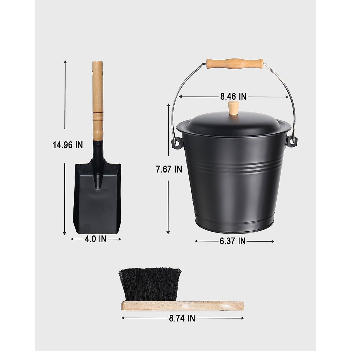 vensovo 1.5 Gallon Ash Bucket with Lid - Shovel, Broom, and Gloves, Heavy Duty Galvanized Iron, Fire-Resistant, Black Finish Perfect for Fireplaces, Fire Pits, Wood-Burning Stoves, and Grills