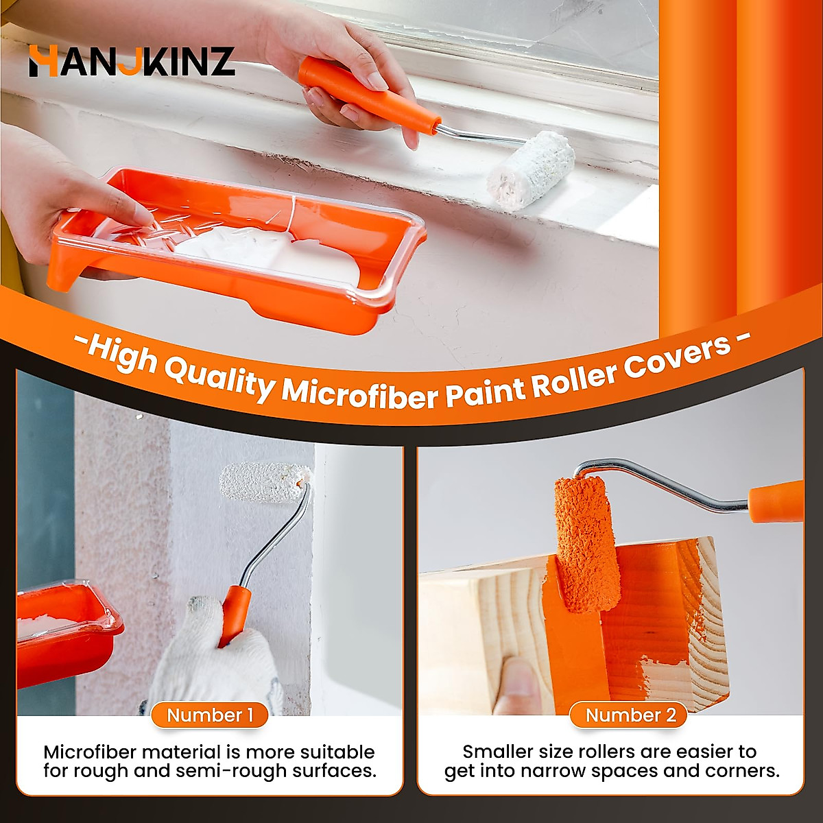 HANJKINZ Paint Roller kit, 2 Inch 15 Pack Small Paint Roller Kit with Microfiber Paint Roller Covers, Paint Tray, Paint Tray Liner, Mini Paint Roller for Painting Corners