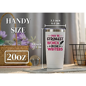 Onebttl Writer Gifts for Women - 20oz/590ml Stainless Steel Insulated Tumbler with Straw - Graduation/Birthday/Christmas Gift for Writers, Novelist, Scriptwriter - Strongest, White