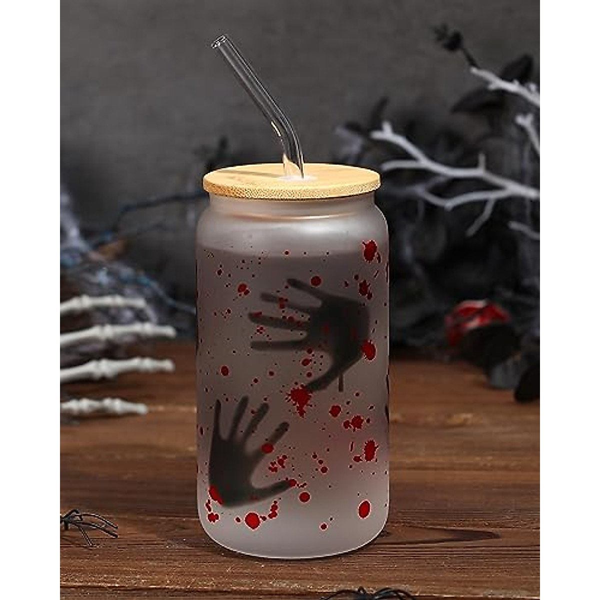 Nefelibata Halloween Horror Beer Can Glass 16 OZ Iced Coffee Cup with Lid Straw and Brush, Reusable Drinking Jar for Coffee Tea Juice Soda Halloween Party Decor Fall Christmas Gift Ideas Set of 1