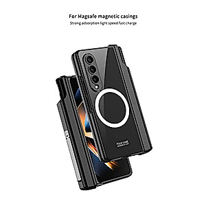 BAILI Galaxy Z Fold4 Magnetic Case,Support Magsafe and Wireless Charger for Z Fold 4,Ultra -Magnetic Suction Z Fold4 Case with Kickstand & S Pen Holder Adapts Vehicle Bracket Clear Mirror Cover Black