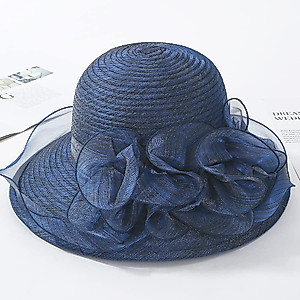 Wide-Brim-Kentucky-Hat Sun-Hat for Womens Foldable UV-Protection Summer-Derby-Tea-Party-Fascinator-Hats(M/L) Navy