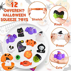 48 Halloween Toys Pack with Pumpkin Box, Halloween Party Favors Gifts for Kids, Squishy Mochi Toys in Bulk with Bubble Push it Keychain, Halloween Treat Bags Fillers, Trick or Treat Classroom Prizes