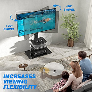 Rfiver Swivel Floor TV Stand with VESA Mount for 32 39 40 43 49 50 55 60 65 70 Inch Flat Screens/Curved TVs, 3-Shelf Tall Narrow TV Stand with Tempered Glass Base, Black Height Adjustable Mount Stand