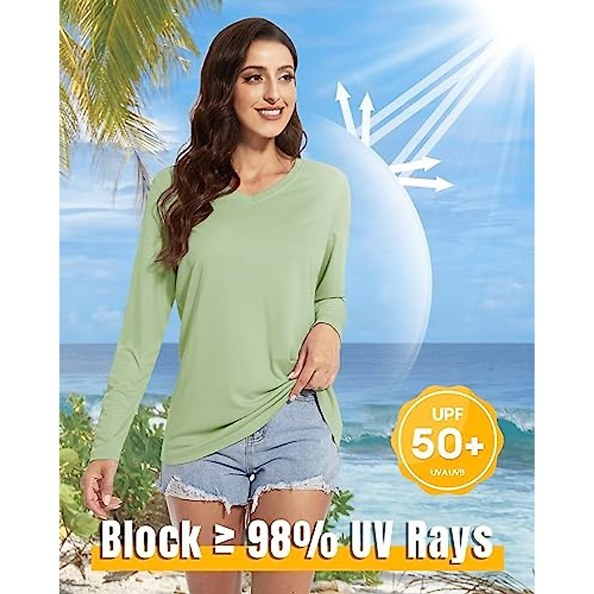 Boladeci Womens Swim Shirt Long Sleeve UPF 50+ Sun Protection Clothing V Neck SPF Shirts Quick Dry UV Tee Summer Tops T-Shirts Rash Guard for Women Light Green