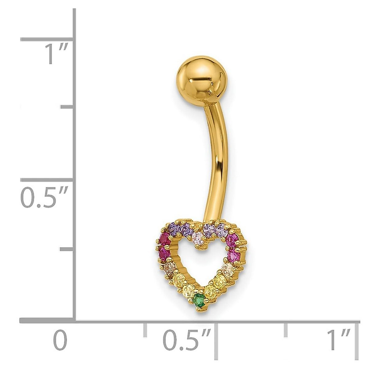 14k Gold 14 Gauge Polished Rainbow CZ Cubic Zirconia Simulated Diamond Love Heart Belly Navel Ring Measures 23.5mm Long Jewelry for Women