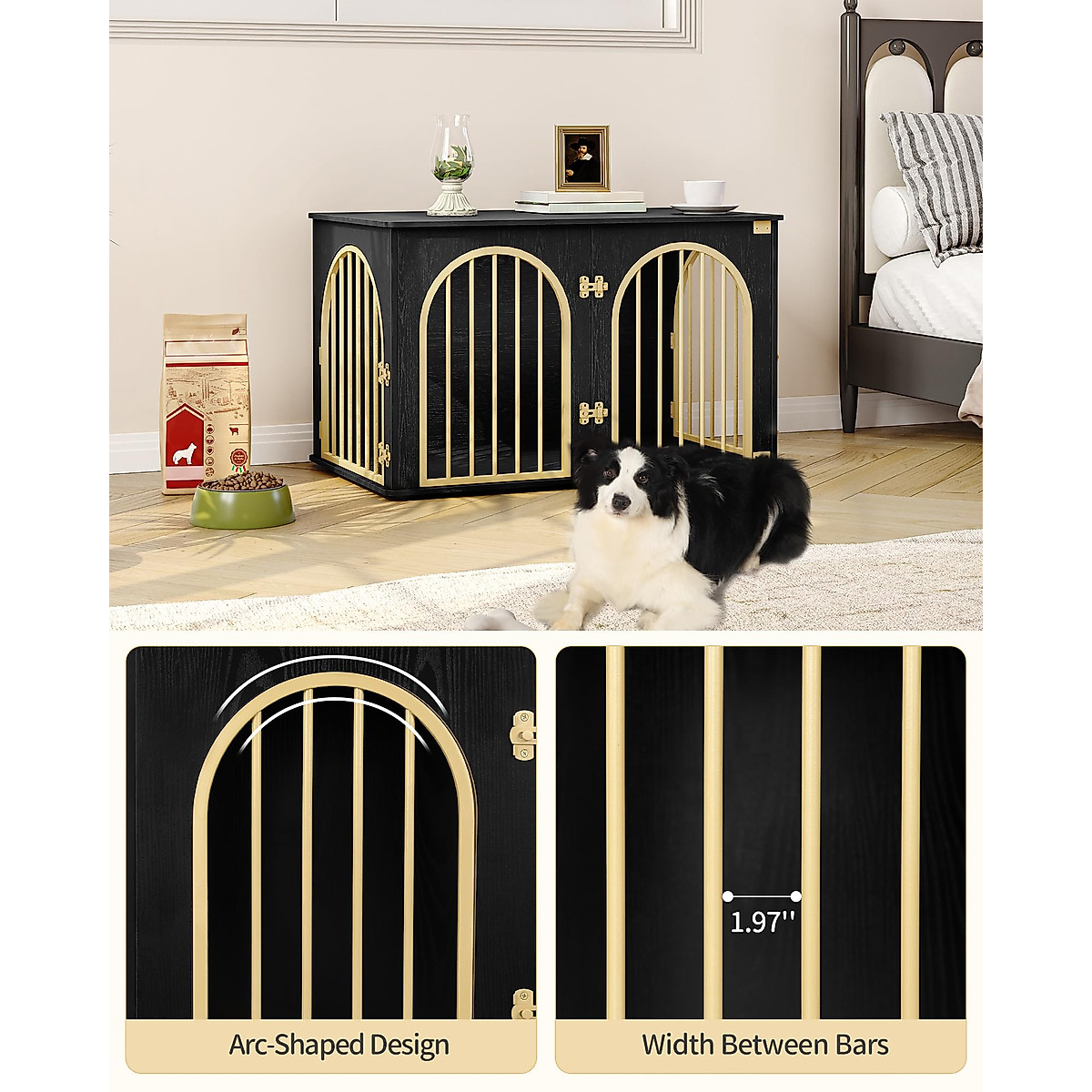 Hzuaneri 39.4'' Wooden Dog Crate Furniture TV Stand, Indoor Dog Kennel for Small/Medium/Large Dogs, End Side Table Dog Crates, Anti-Chew, Anti-Escape, Arched Door Design, Black Gold DFC84104A