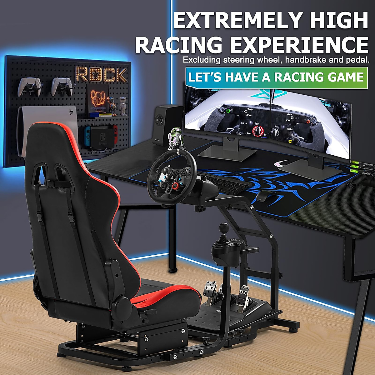 Hottoby Adjustable Sim Driving Simulator Cockpit with Red Seat Fits for Logitech/Thrustmaster G29,G920,G923&T300RS,Unobstructed Design for Both Legs Gaming Stand,No Steering Wheel,Handbrake & Pedal