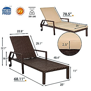 AECOJOY Chaise Lounge Chairs for Outside Outdoor Lounge Chairs, Adjustable PE Rattan Wicker Patio Pool Lounge Chair with Cushion and Wheels for Poolside Backyard Deck Porch Garden, Brown