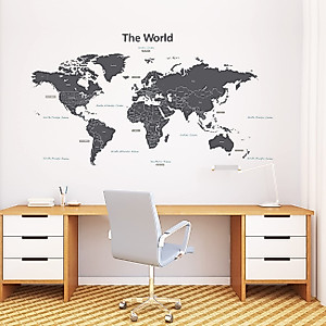 DECOWALL DL3-1609GF XLarge Modern Flag Grey World Map Kids Wall Stickers (66x35 inch) Wall Decals Peel and Stick Removable Wall Stickers for Kids Nursery Bedroom Living Room Decor