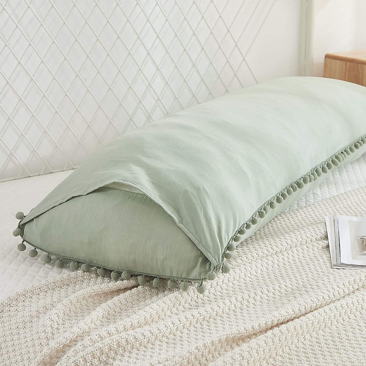 MOVE OVER Sage Green Body Pillow Cover 20x54 Inches Cute Pom Poms Decorated Body Pillow Cover Soft Washed Microfiber Boho Body Pillow Cover with Pocket Closure, Pack of 1