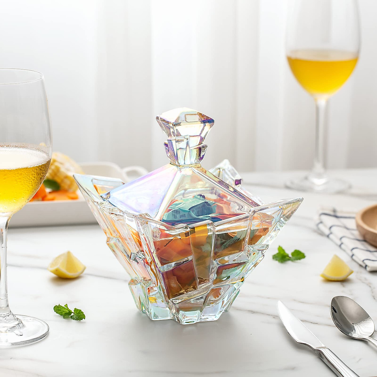 M&N HOME Glass Candy Dish with Lid, Christmas Gift, Pearl Colored Crystal Candy Dish, Decorative Candy Jar, 24 Oz. Extra Large Candy Bowl, Unique Gift, Christmas Candy